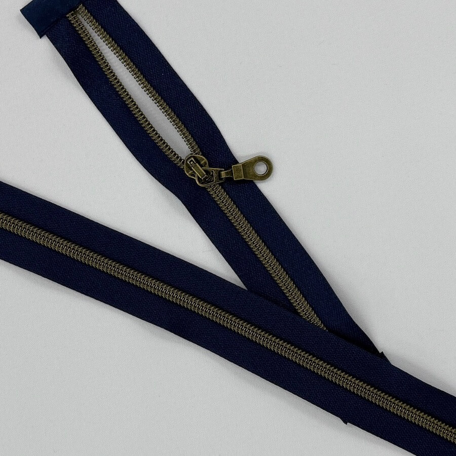 Deluxe Continuous Zip Tape – Navy/Antique Brass | 1st For Fabrics